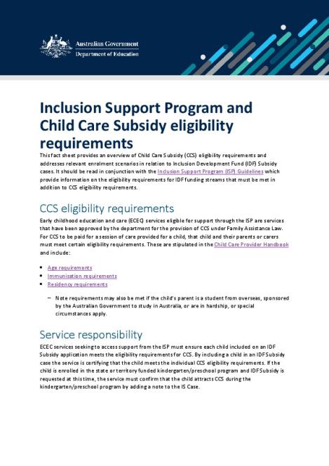 Inclusion Support Program and Child Care Subsidy eligibility requirements - Department of ...